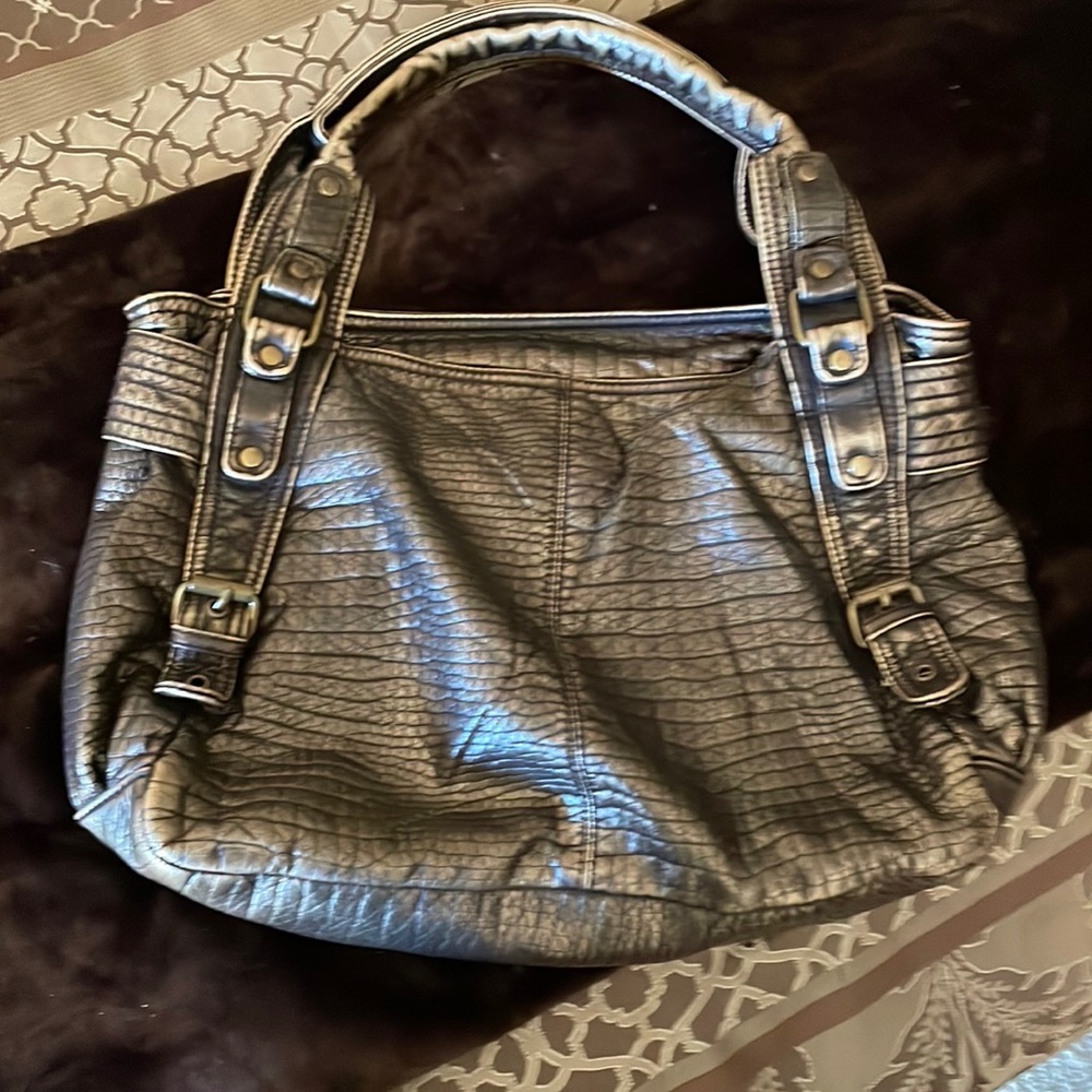 Bueno Black Distressed Gold Leather Like Bag - Gem